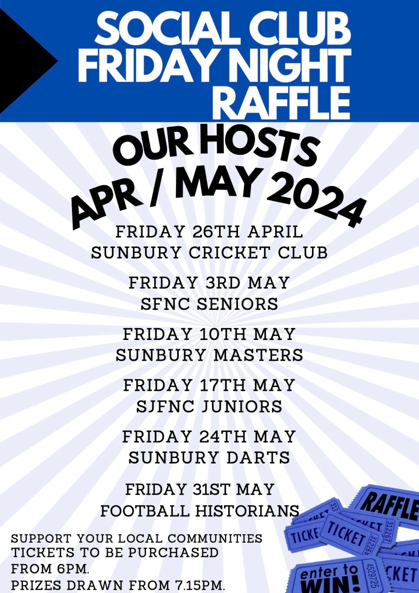 SCC Social Club Raffle – 26th April = this Friday! | sunbury cricket club